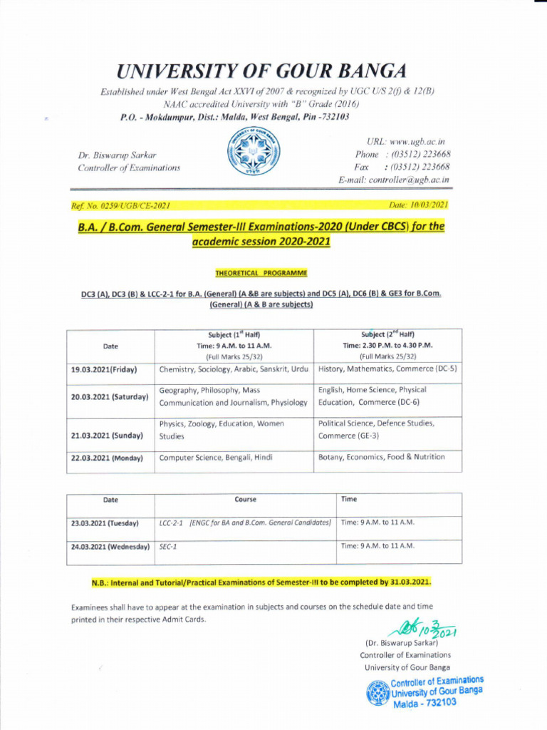 Schedule For B A B Com General Semester III Examinations 2020 Cbcs | PDF