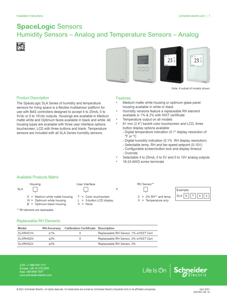 SpaceLogic SLA Series Sensor Guide | PDF | Fahrenheit | Touchscreen