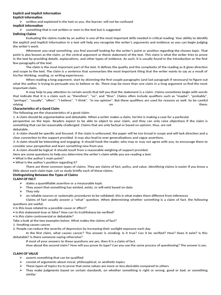 Understanding Explicit and Implicit Claims | PDF | Argument | Cognition