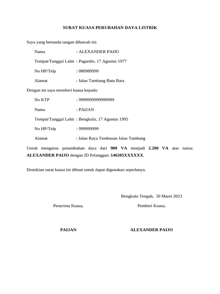Contoh Surat Kuasa Perubahan Daya Listrik | PDF