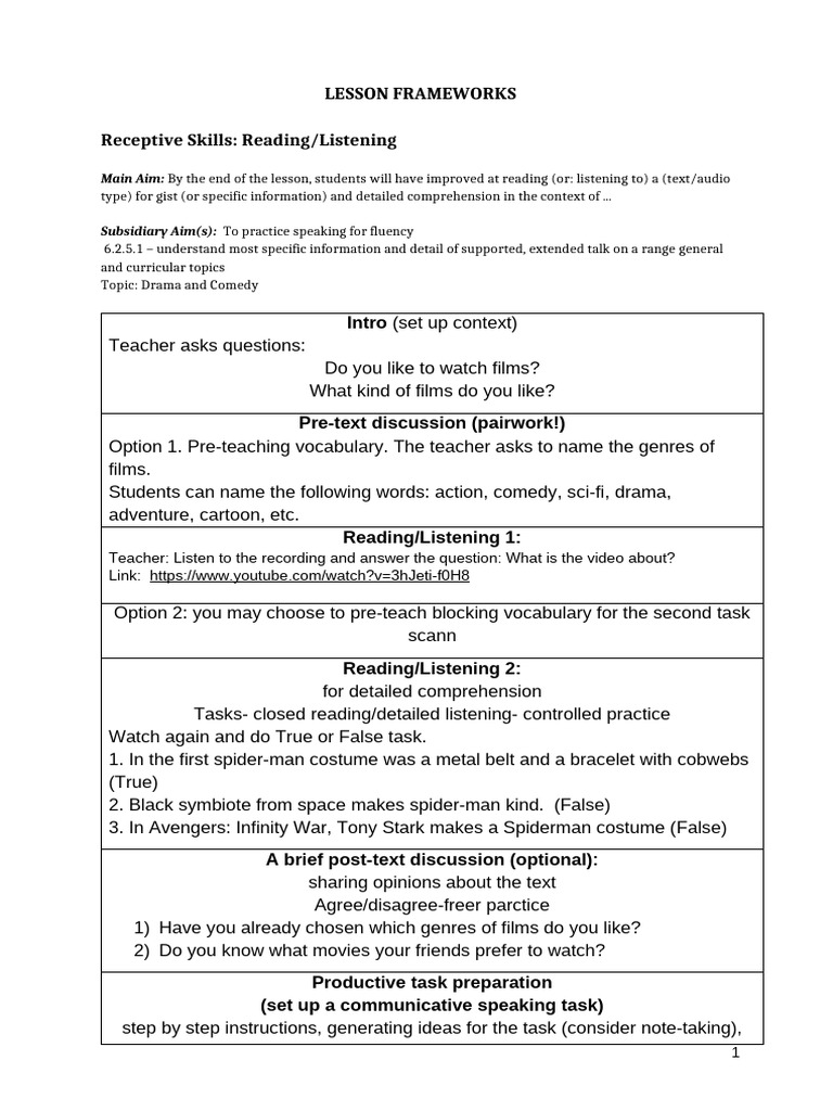 Malybayeva T. Lesson Framework | PDF | Reading Comprehension | Communication