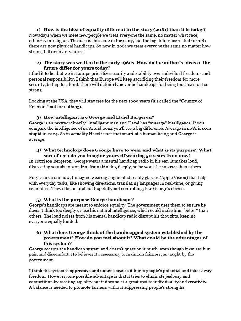 Harrison Bergeron Questions | PDF