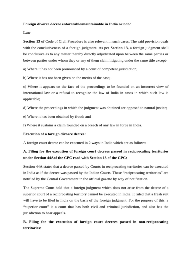 Foreign Divorce Decree Validity in India | PDF | Jurisdiction ...