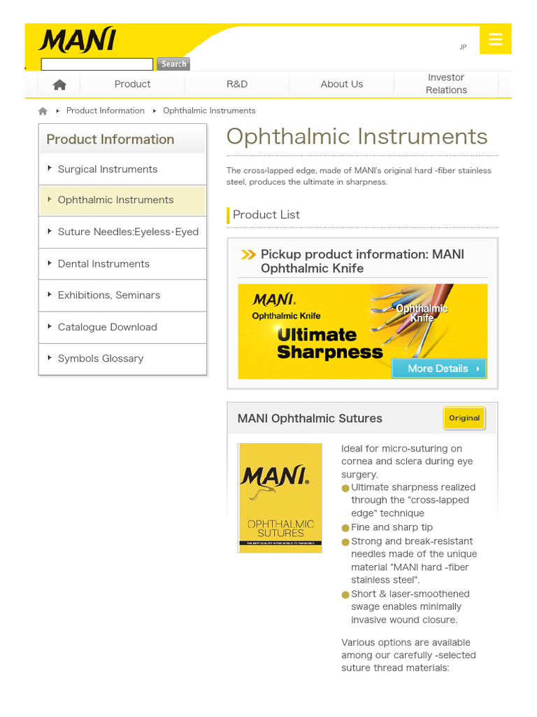 MANI Ophthalmic Surgical Instruments | PDF | Surgical Suture | Surgery