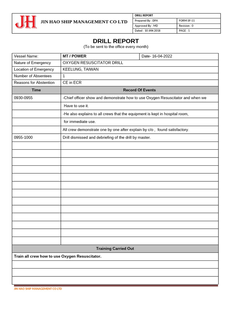 11.Oxygen Resu CPR Drill Report # | PDF | Water Transport | Shipping