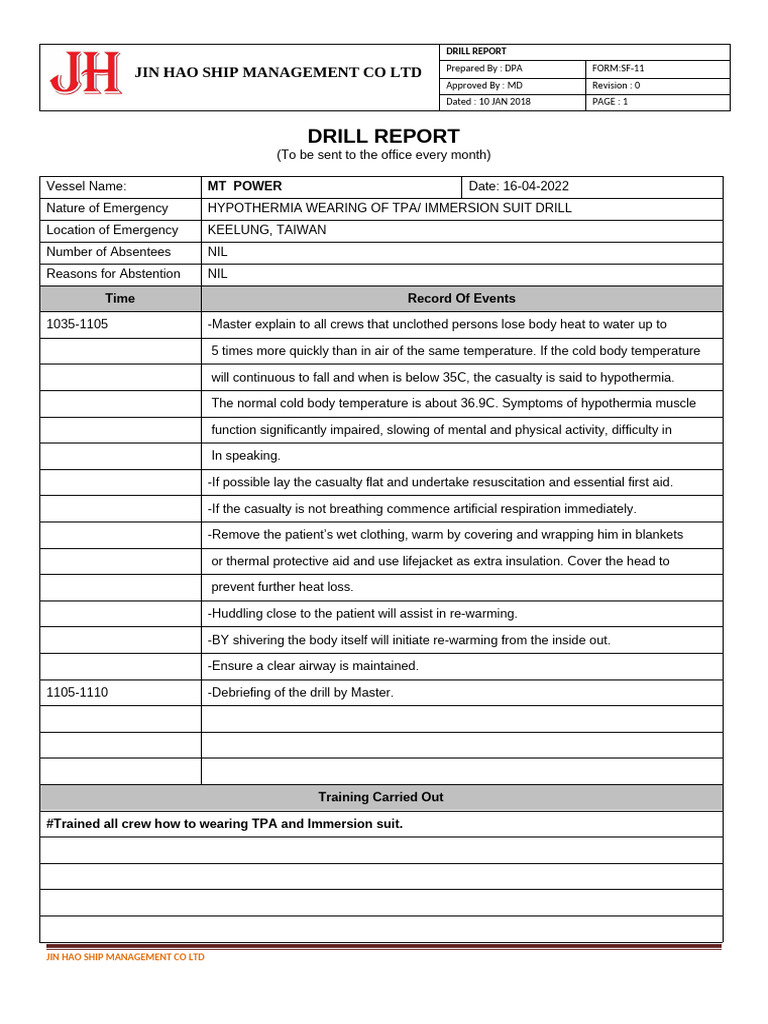 Hypothermia Drill Report for MT POWER | PDF | Hypothermia ...