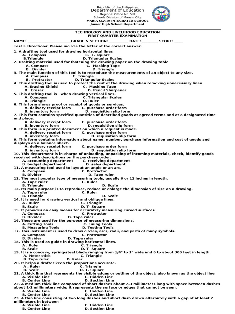 1st Quarter Exam in TLE 8 - Drafting | PDF | Triangle | Tools