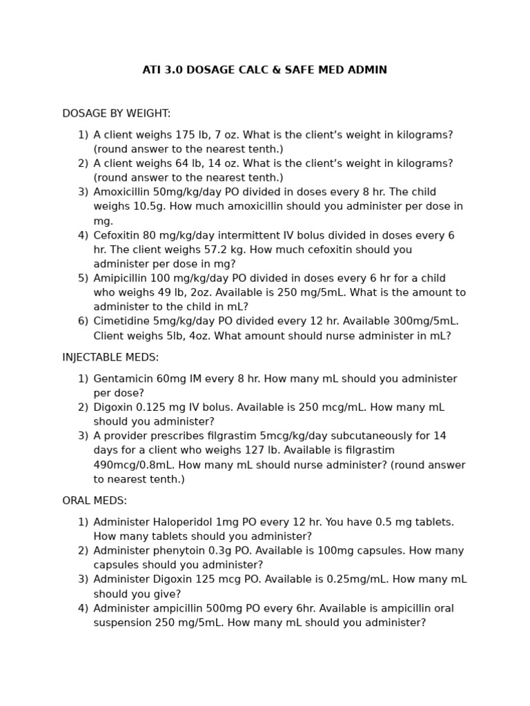 NURS 200 Dosage Calc Practice | PDF | Medical Treatments | Drugs