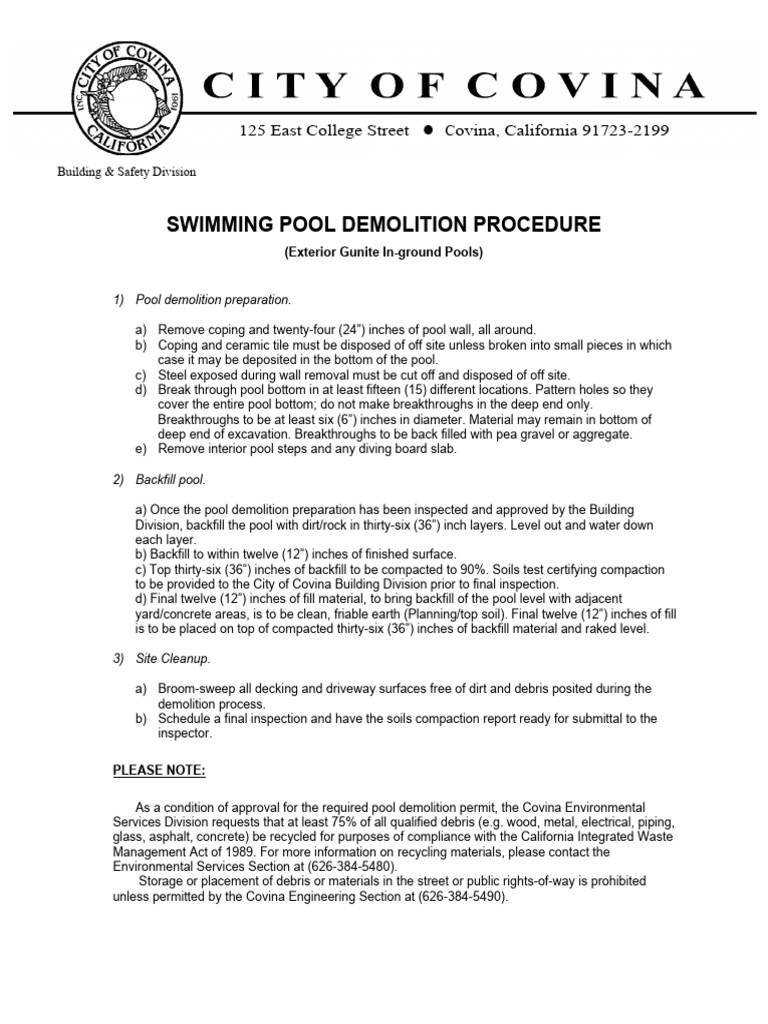 Swimming Pool Demolition Procedure: 125 East College Street Covina ...