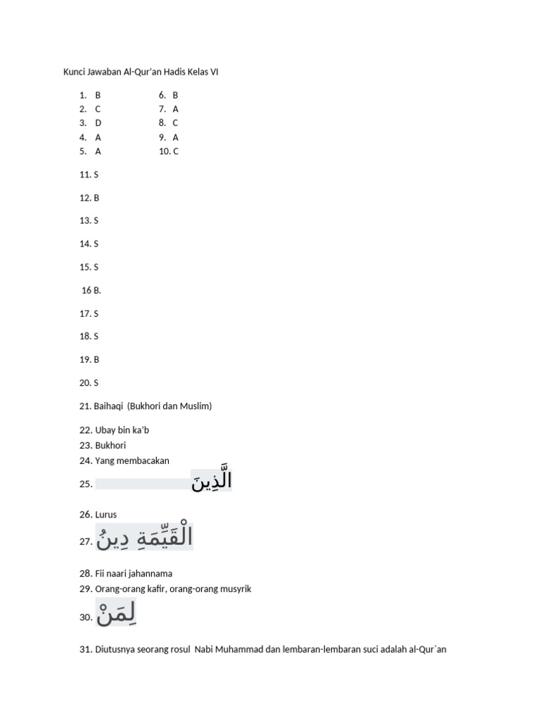 Kunci Jawaban Al-Quran Hadis Kelas VI | PDF