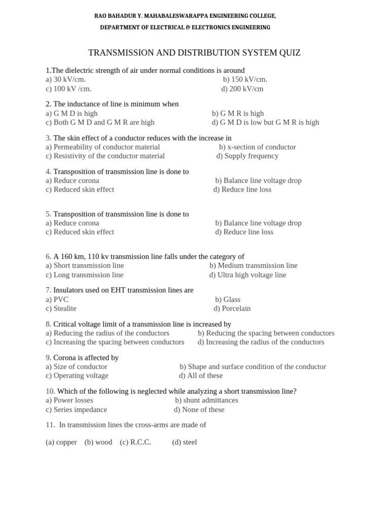 Transmission and Distribution System Quiz | PDF | Electric Power ...