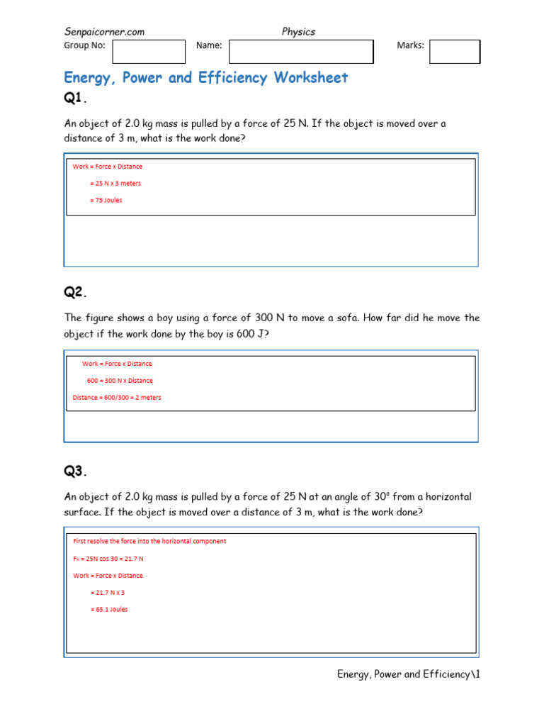 Chapter 1 - Energy, Power and Efficiency (Answers) | PDF | Kinetic ...