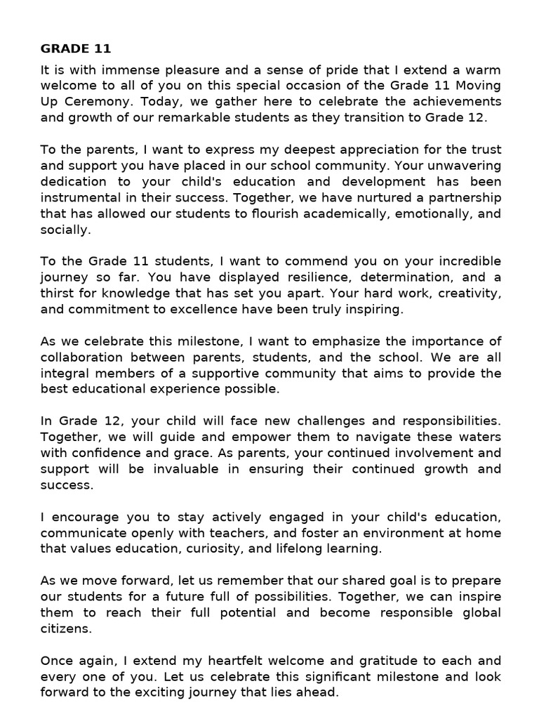 GRADE 11 Moving Up Messege | PDF