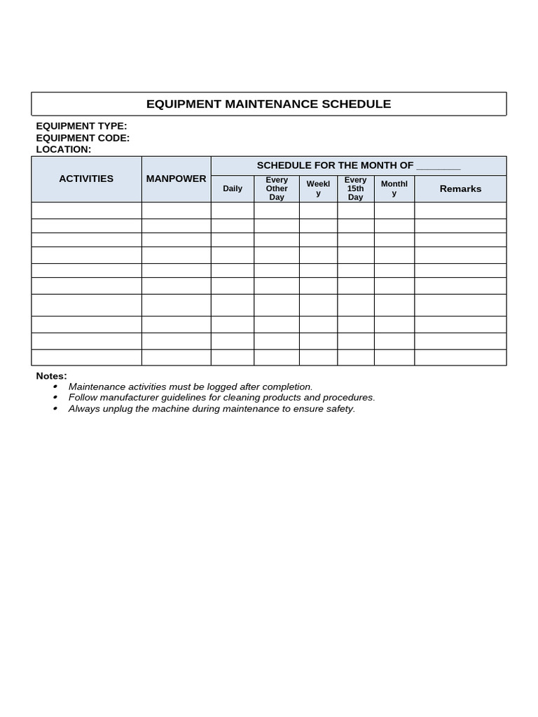 MF - Equipment Maintenance Schedule | PDF