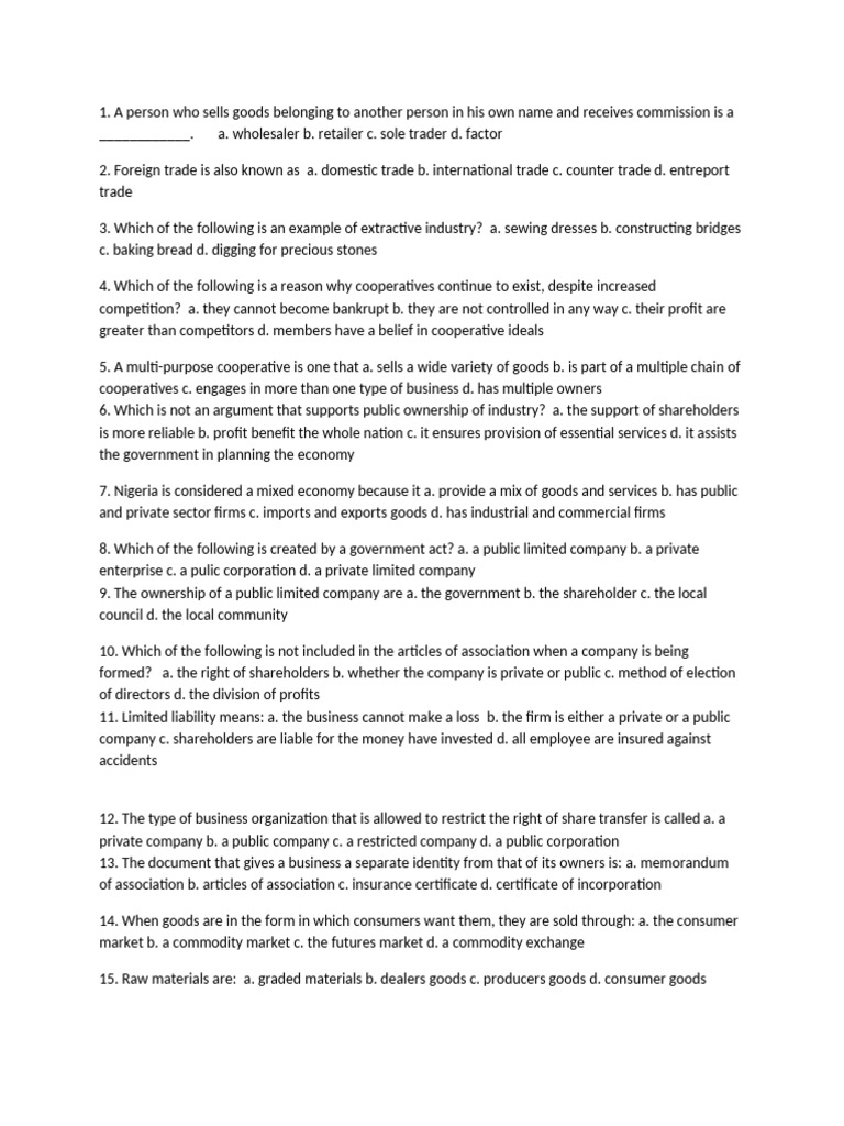 SS2 Exam 1st Term Commerce | PDF | Cooperative | Goods