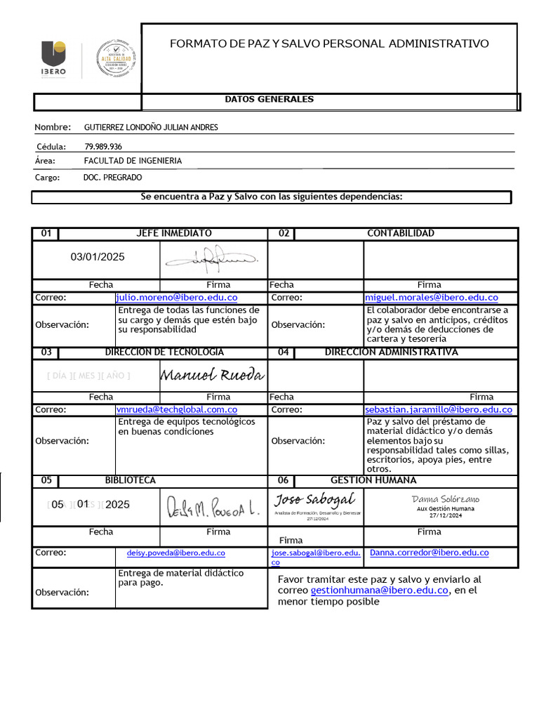 Paz y Salvo - Gutierrez Londoño Julian Andres | PDF