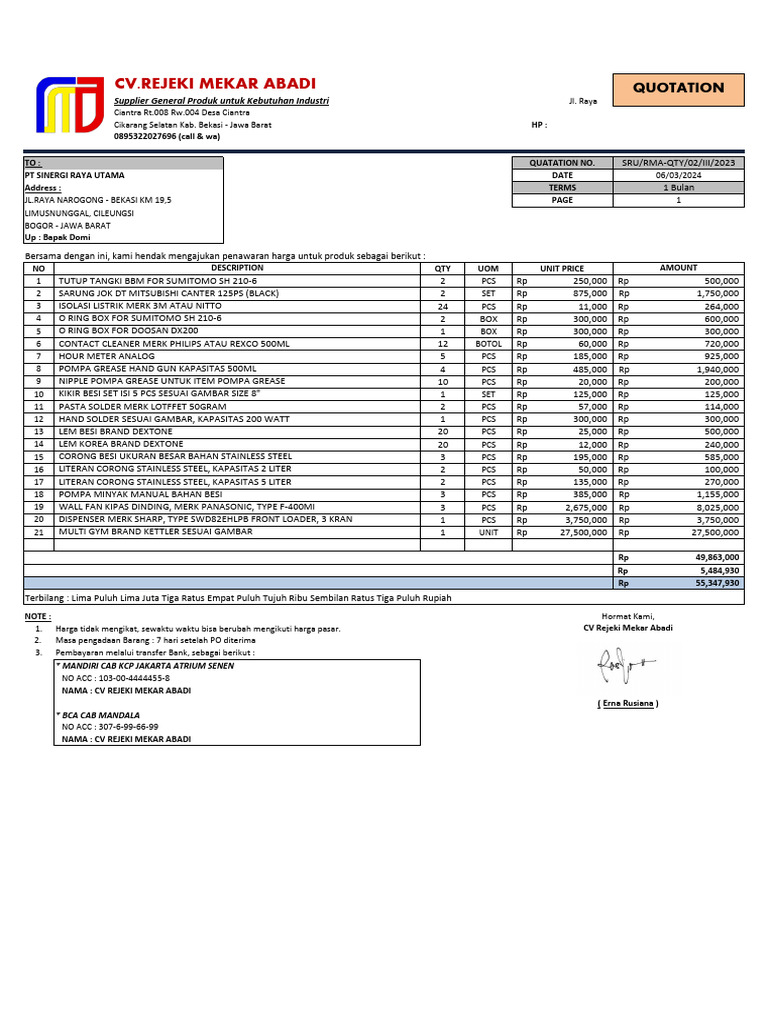 Quatation Sru (Tutup Tangki BBM, DLL) 06 Maret 2024 BPK Domi | PDF