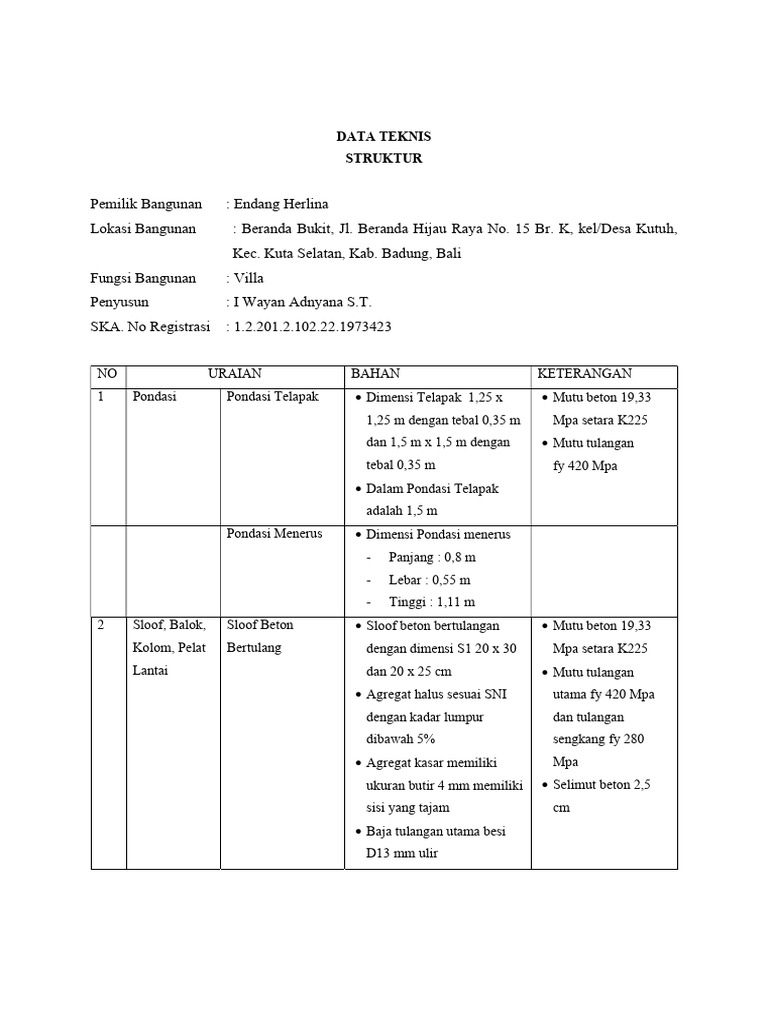 DATA TEKNIS STRUKTUR pecatu | PDF