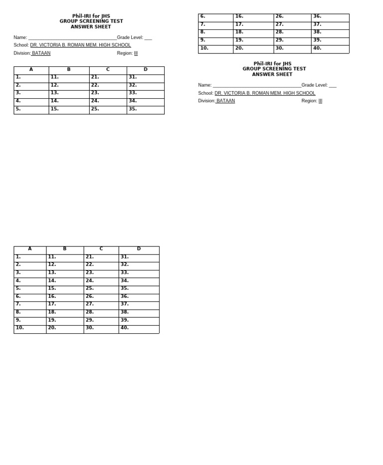 Phil IRI For JHS - GST - Answer Sheet | PDF
