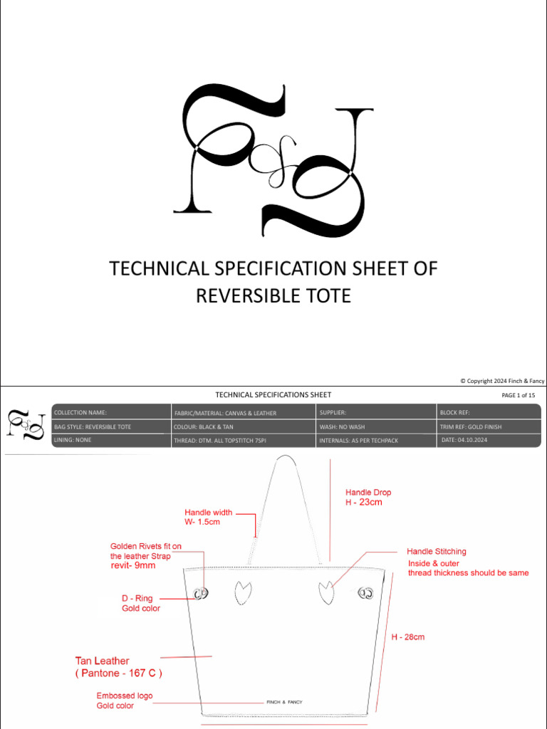 Technical Specification Sheet of Finch & Fancy Reversible Tote Bag | PDF
