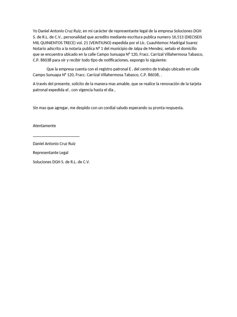 Escrito Renovacion Tarjeta Patronal IMSS | PDF