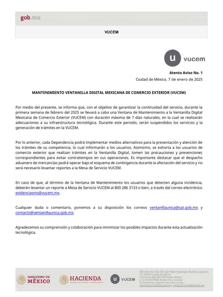 Atento Aviso No. 1 - VUCEM - MANTENIMIENTO VENTANILLA DIGITAL MEXICANA DE COMERCIO EXTERIOR ...