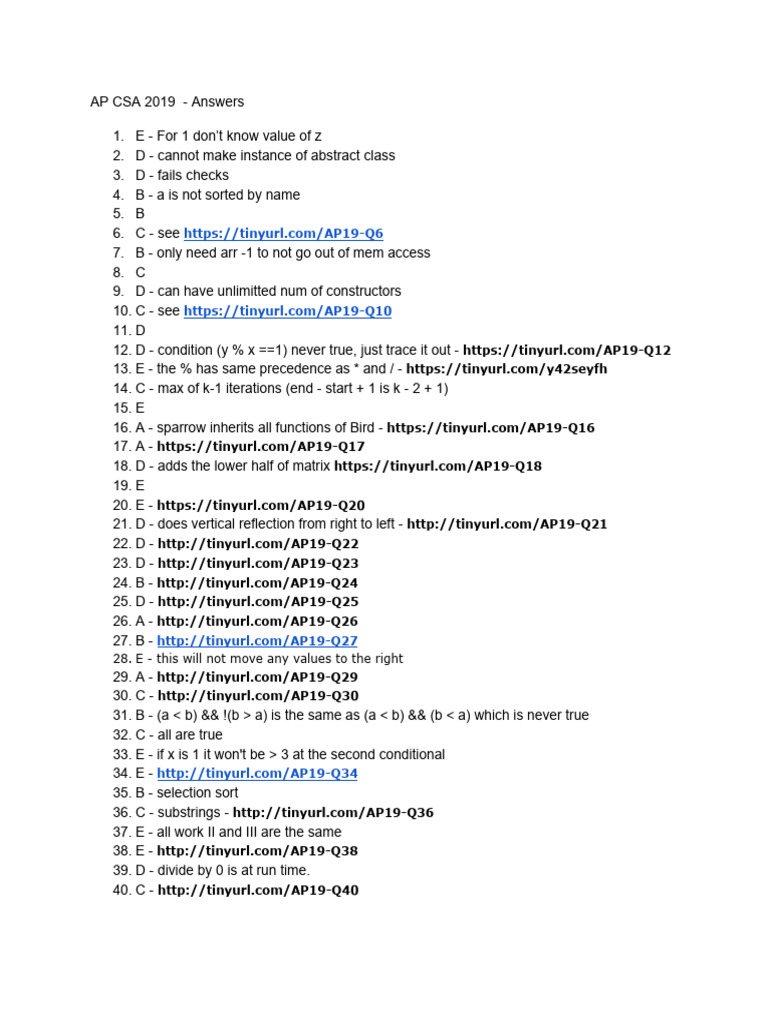 AP CSA 2019 Exam Answer Key | PDF