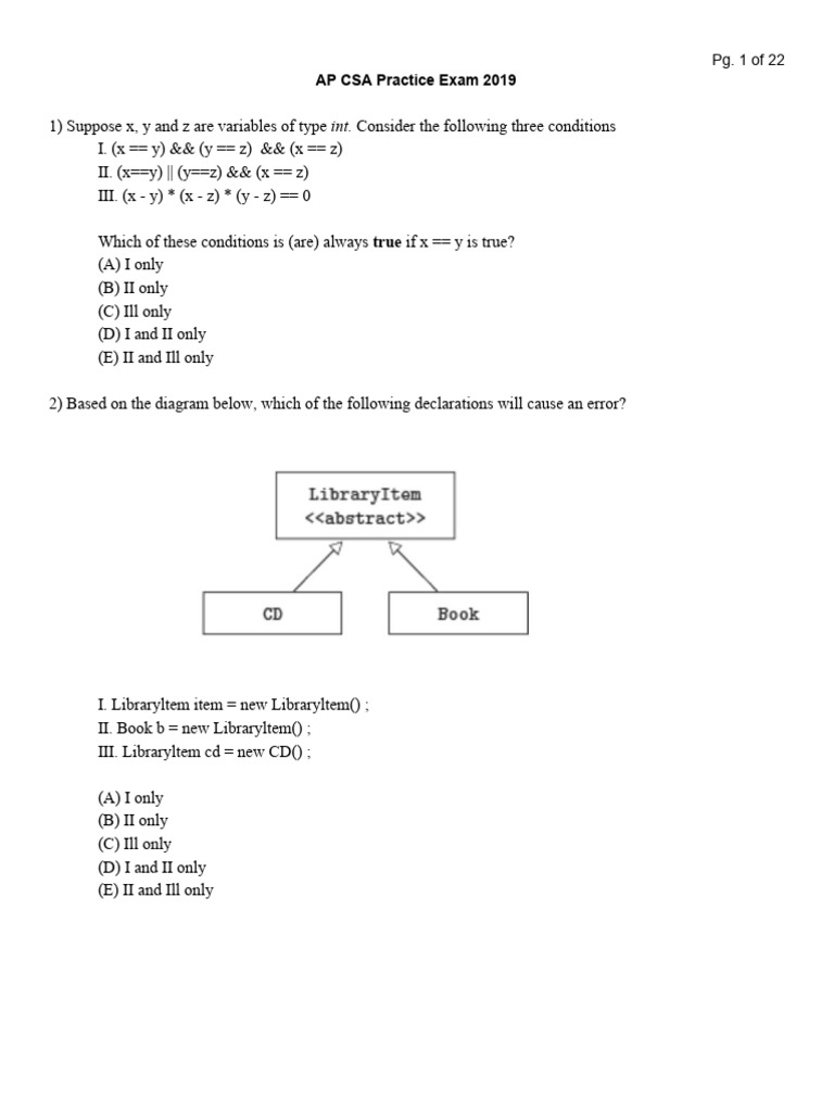 2019 Apcsa模拟题选择题 Pdf Inheritance Object Oriented Programming Boolean Data Type