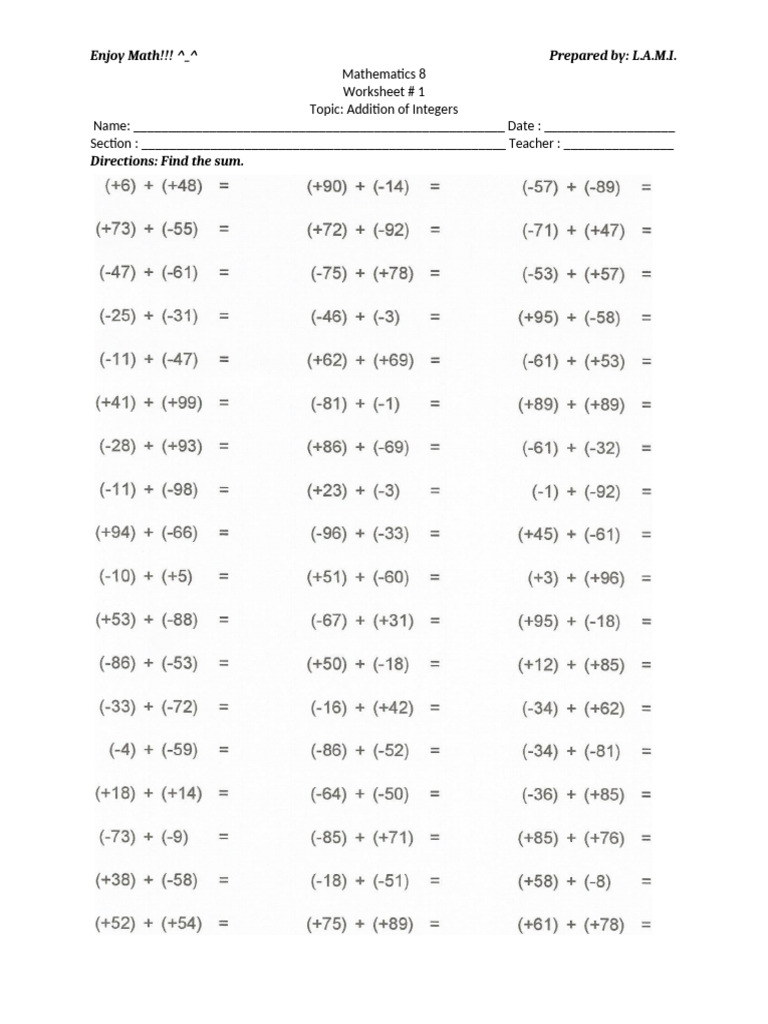 Integer Addition Worksheet | PDF