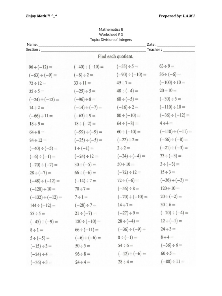 4 - Math 8 - Worksheet - Division of Integers | PDF