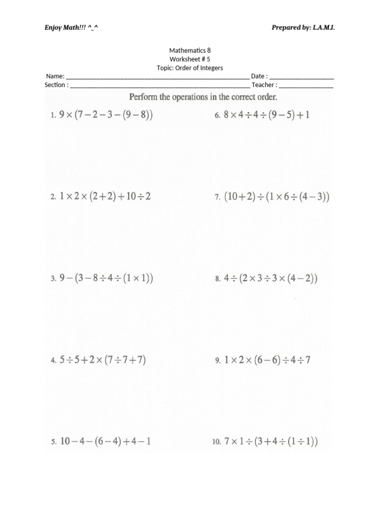 Order of Integers Worksheet 5 | PDF