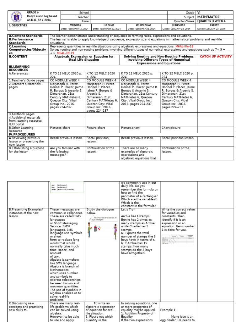 Grade 6 Math Lesson Plan: Algebra | PDF | Equations | Algebra
