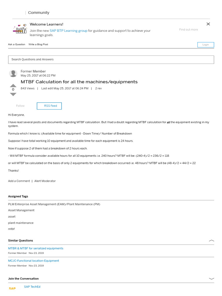 MTBF Calculation For All The Machines - Equipments - SAP Co1mmunity | PDF