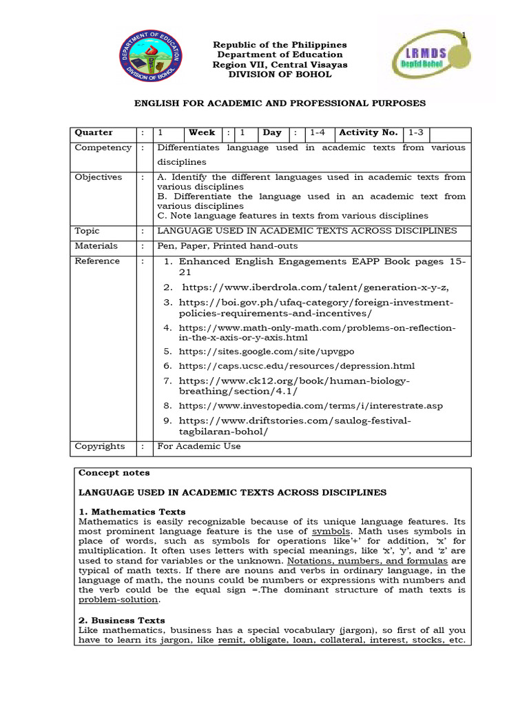 SHS_EAPP_Q1_LAS_WK1_DAY1-4-answer-key (2) | PDF | Cellular Respiration | Loans