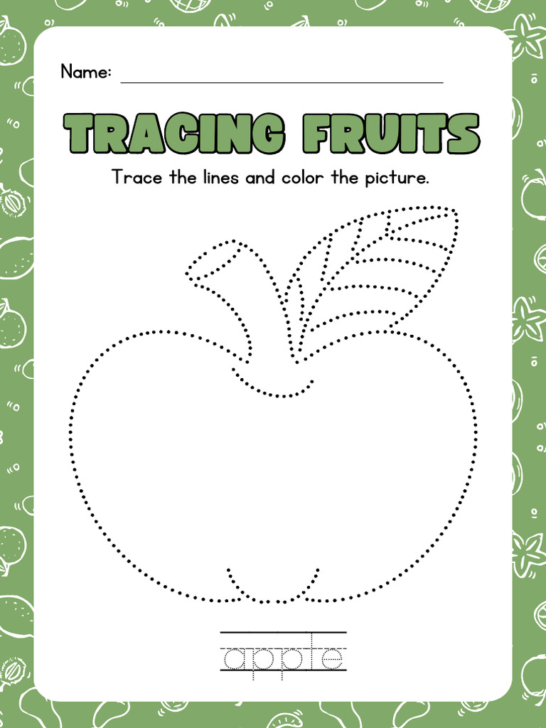 Tracing and Coloring Fruits Kindergarten Worksheet in Green and White ...