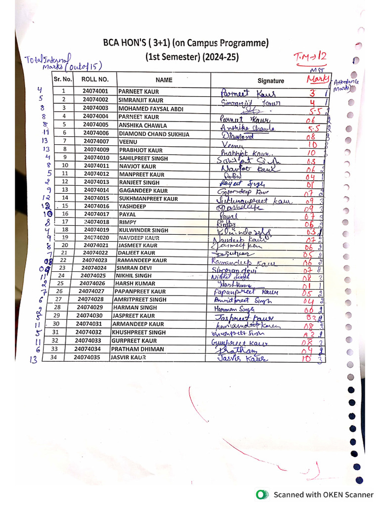 BCA Hons 1st Sem Internal and External Mark List | PDF