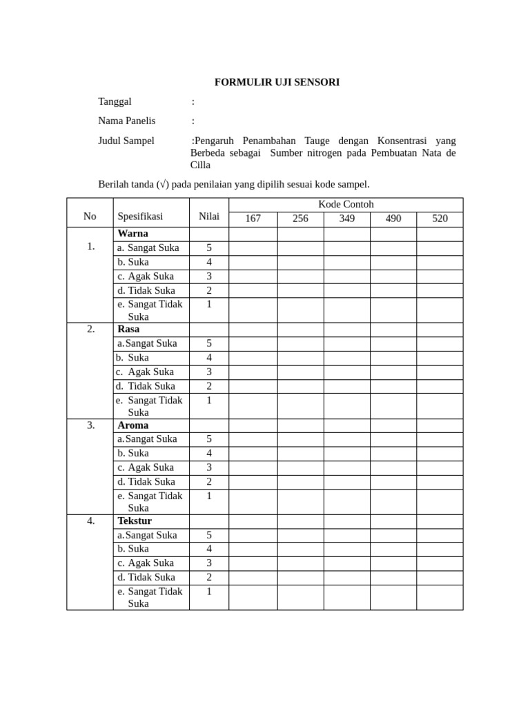 Formulir Uji Sensori | PDF