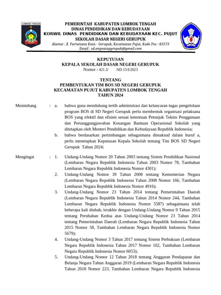 Pembentukan Tim BOS SD Gerupuk 2024 | PDF