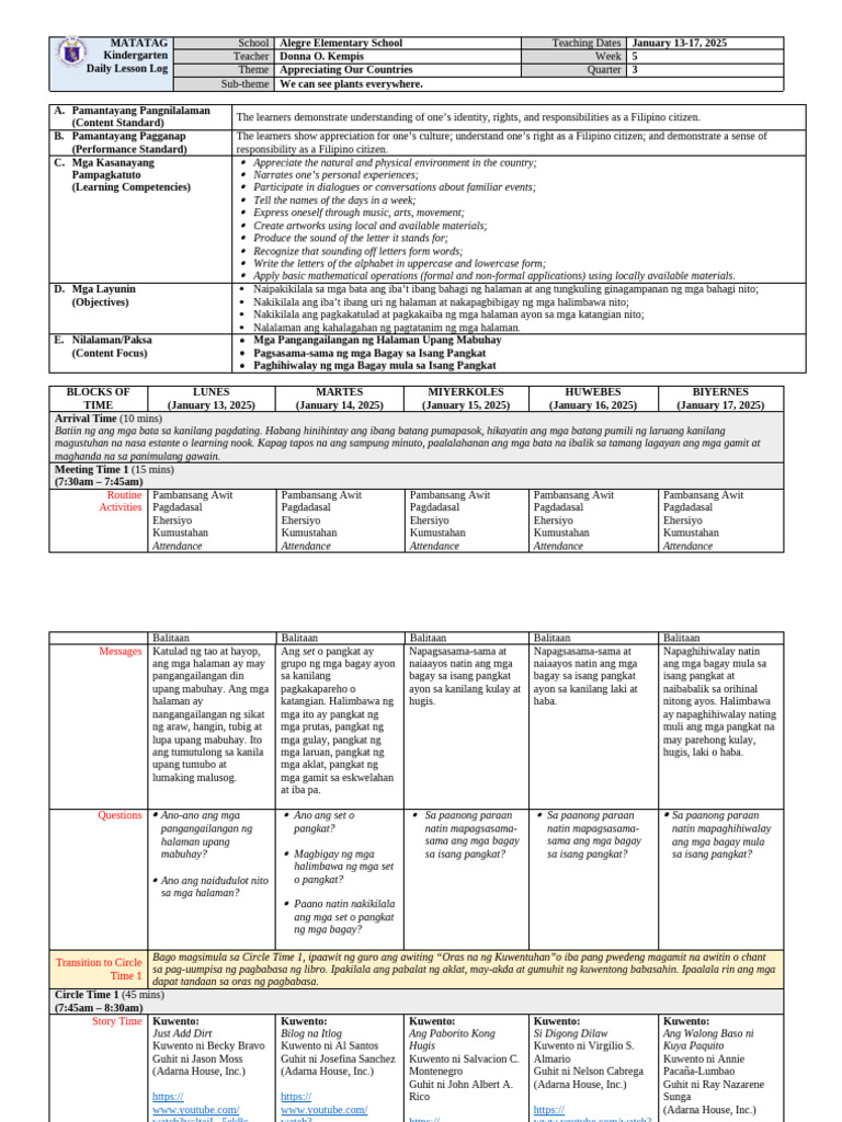 Kindergarten Q3 Week 5 MATATAG DLL Asf5 | PDF
