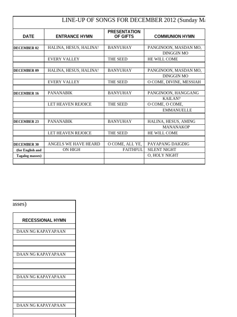 December 2012 Mass Song Line-Up | PDF | Christian Worship And Liturgy ...