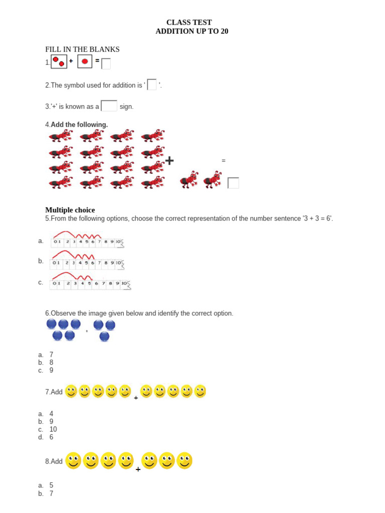 C-1 Class Test - Addition Up To 20 | PDF