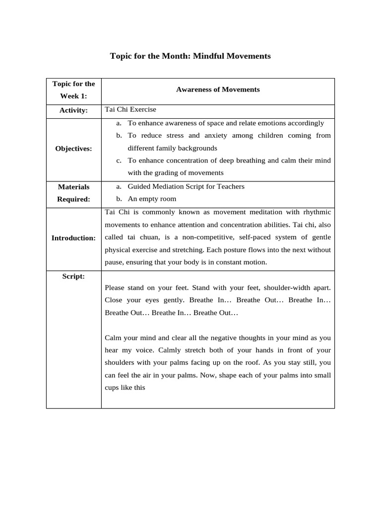 Topic For The Month 1 - Mindful Movements | PDF | Meditation | Mindfulness