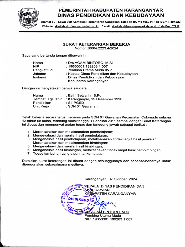 Surat Keterangan Bekerja Esthi 2024 | PDF