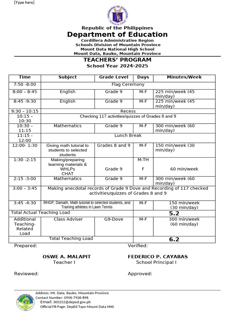 2024-2025 Class and Teacher's Program | PDF | Teaching | Behavior Modification