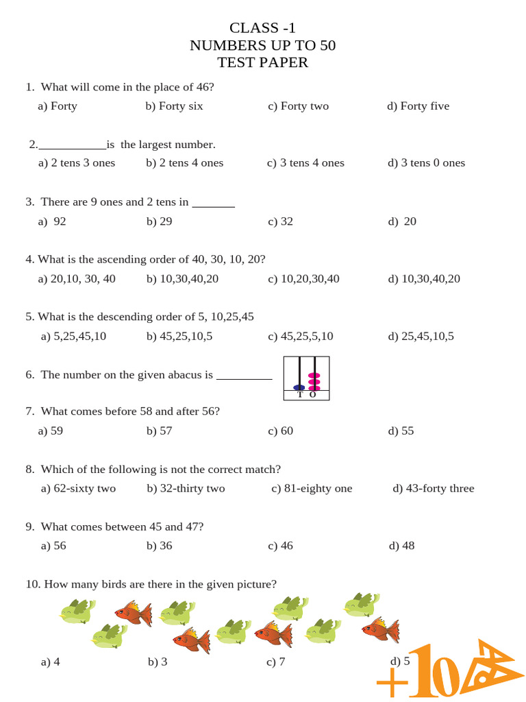 Class - 1 Numbers Upto 50 Test | PDF