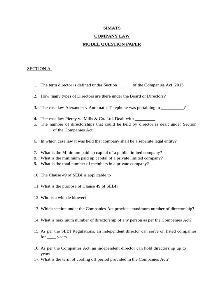 Company Law Model Question Paper | PDF | Corporate Governance | Governance