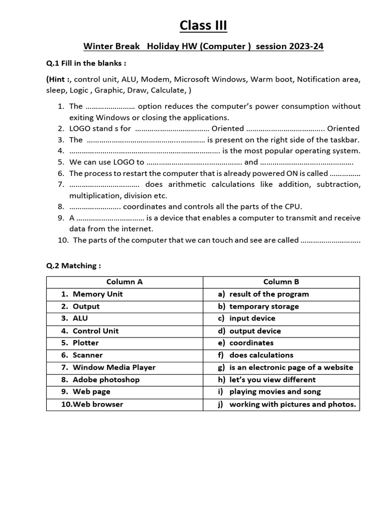 Winterbreak Holiday HW For Computer (Class 3 To 5) | PDF | Window (Computing) | Graphical User ...