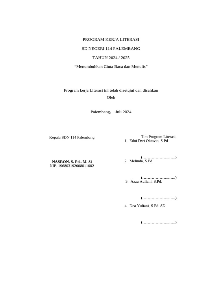 Program Kerja Literasi SDN 114 | PDF