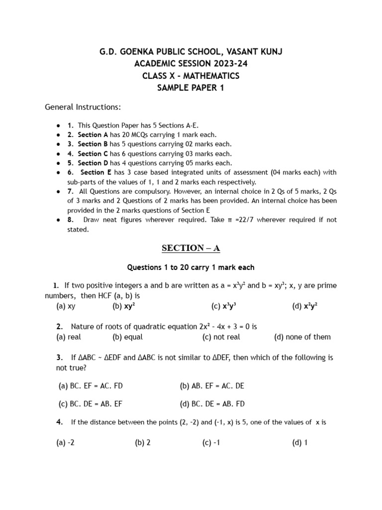 Class X Mathematics Sample Paper 2023-24 | PDF | Area | Circle