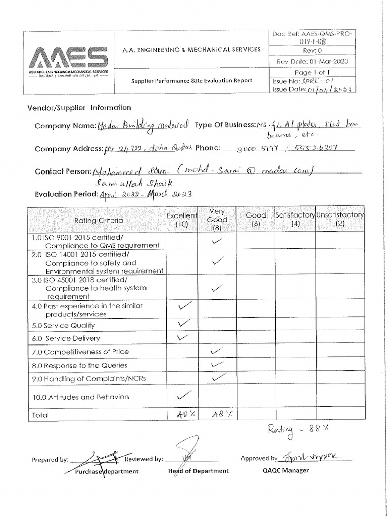 AAES-QMS-PRO-019-F-08 Supplier Performance & Evaluation Report | PDF